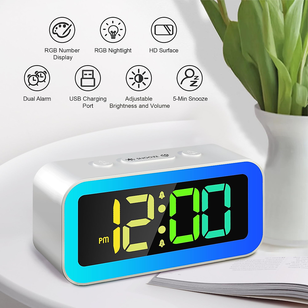 Colorful Nightlight LED Digital Alarm Clock with Super Loud Dual alarm, Weekday mode, Snooze, Dimmer, USB Charging Port for Livingroom, Bedroom, Bedside, Heavy Sleeper, Adult, Kid, Teens, gift, Silver