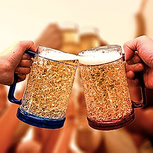 EASICOZI Double Wall Gel Frosty Freezer Ice Mugs Clear 16oz Set of 4 (Blue, Red, Orange and Green)