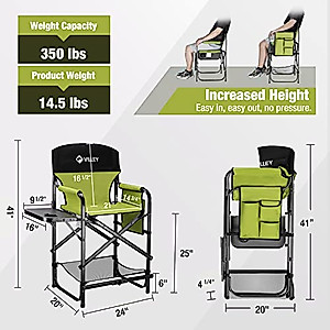 VILLEY Tall Directors Chair, Folding Camping Chairs, Makeup Artist Chair with Foot Rest, 900D Fabric for Tailgating Camp Lawn Picnic Fishing Beach, Supports 350 LBS, Green