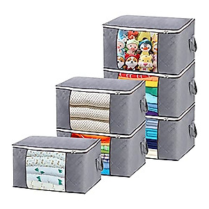 6 Pack Clothes Storage Bags Organizers- Durable, Foldable Clothing Storage Bags with Zipper and Sturdy Handles- 90L Large Storage Bags for Clothes, Pillows, and More- Blanket Storage Bags- Gray