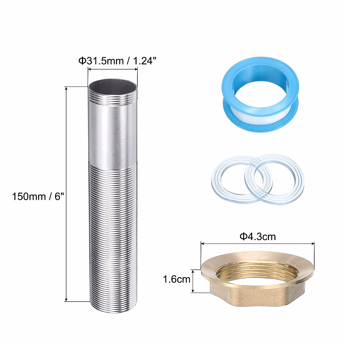 uxcell 6" Faucet Mount Extension Shank Stainless Steel Threaded Pipe Lengthen Mounting Shank Lengthen Fixed High Foot with Nut and Gasket 1PCS