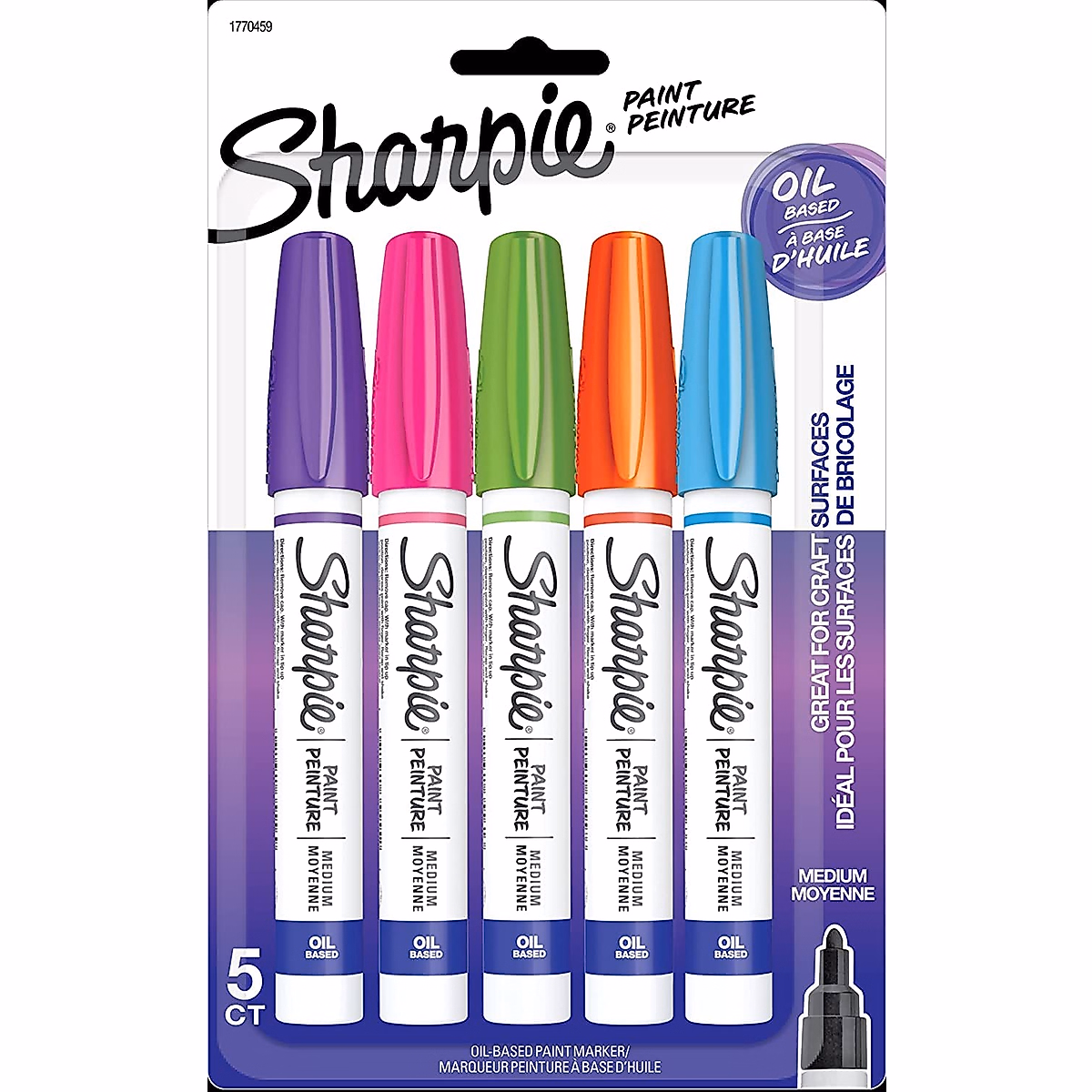 Sharpie Oil-Based Paint Markers, Medium Point, Bright Colors, 5 Count - Great for Rock Painting