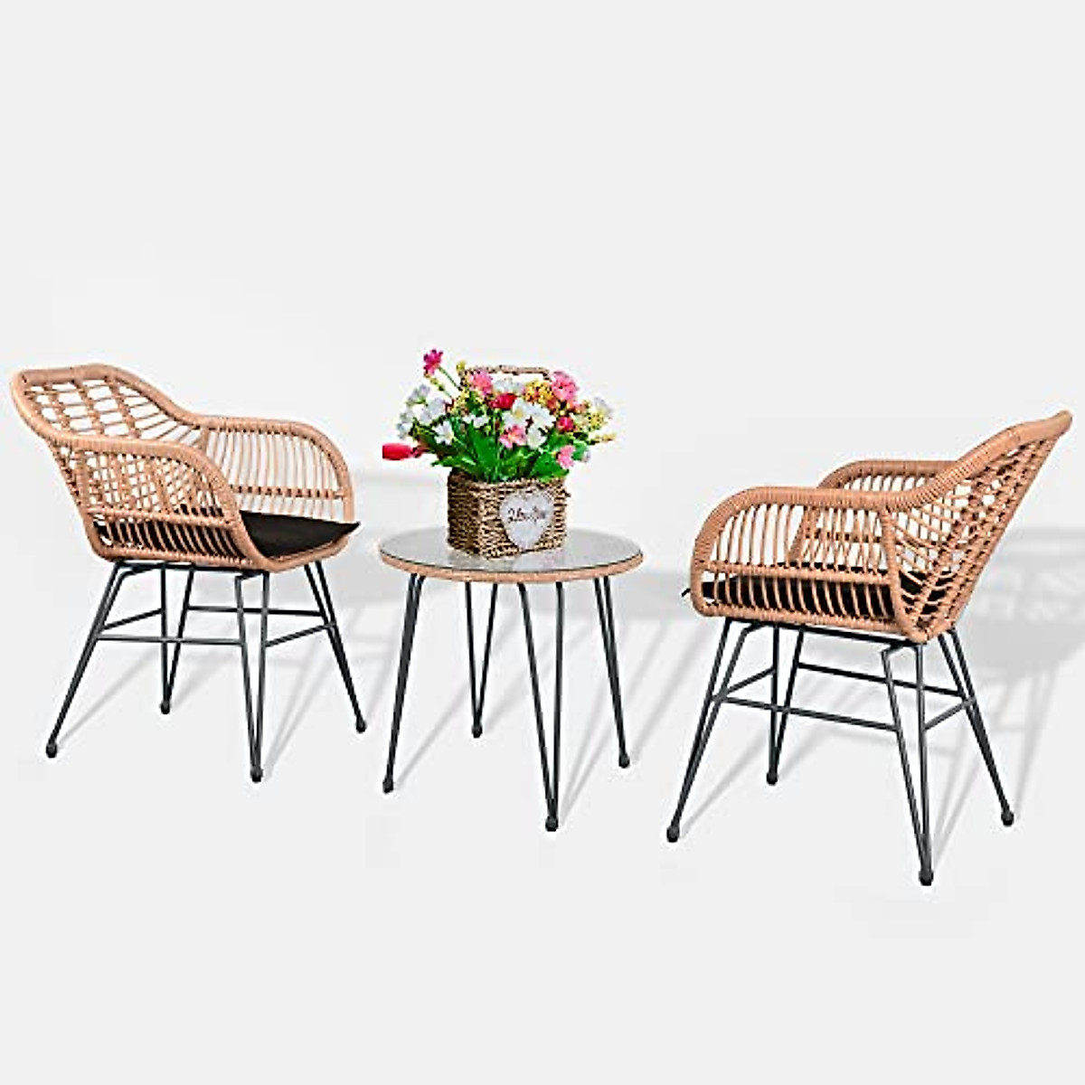 3 Pieces Patio Bistro Set, Patio Conversation Set, Patio Furniture Set, Balcony Furniture, Rattan Chair, Outdoor Rattan Furniture Bistro Set, All Weather Wicker Patio Chairs Set with Table and Cushion