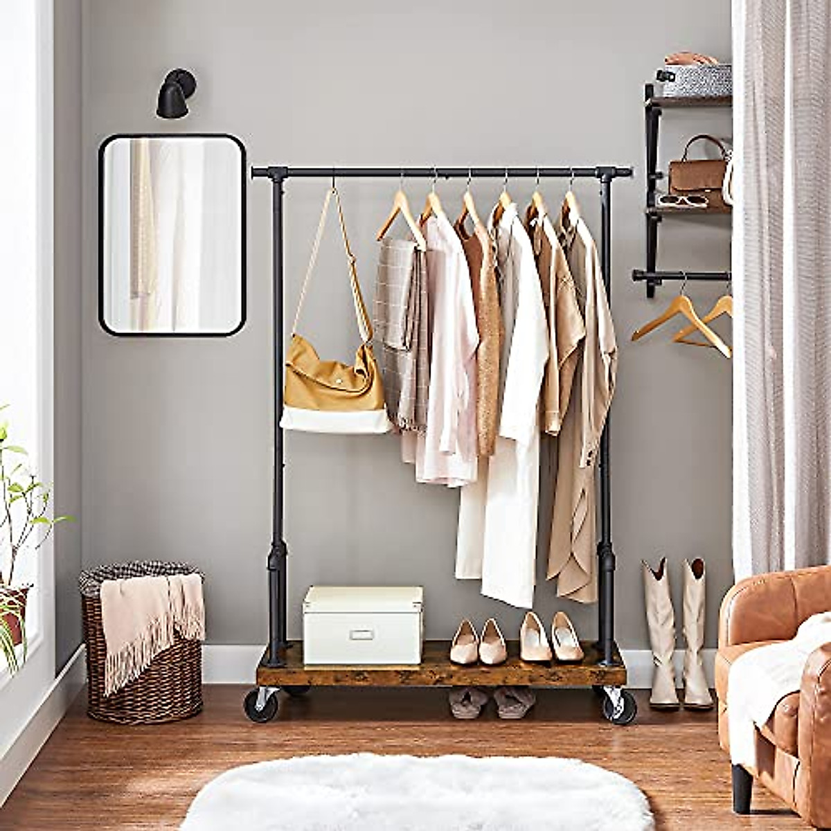 VASAGLE Rolling Clothes Rack, Garment Rack for Hanging Clothes with Wheels, Hanging Rail and Shelf, Heavy-Duty, Industrial Pipe Design, Rustic Brown and Black URGR110B01