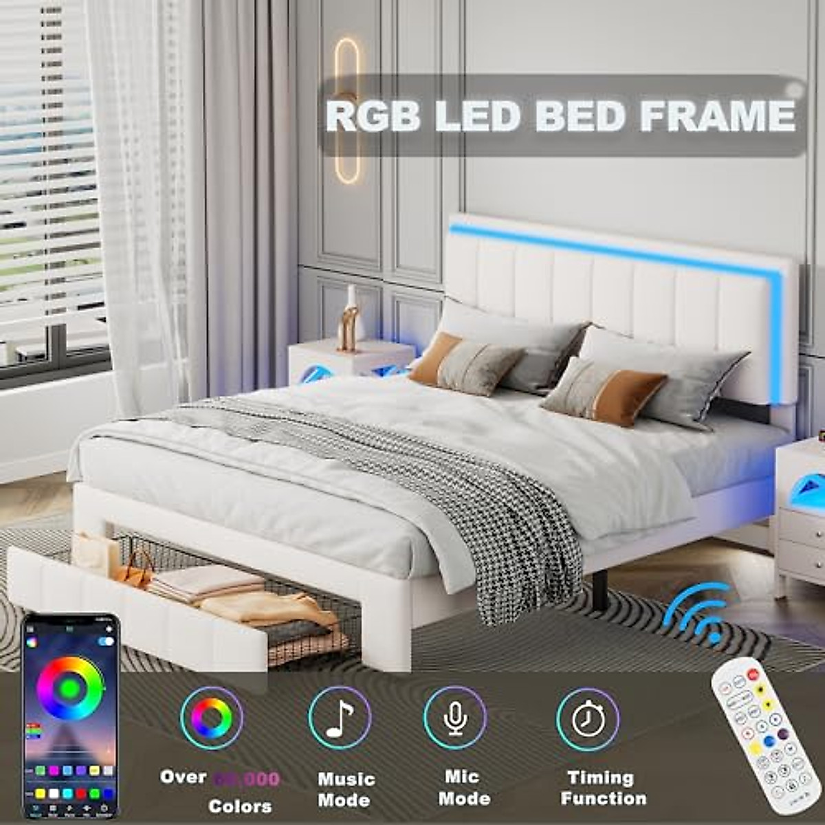 Modern Queen Size Upholstered Platform Bed with LED Lights and 2 Motion Activated Night Lights, PU Leather Platform Bed Frame Mattress Foundation with Storage Drawer for Bedroom Guest Room (White-A4)