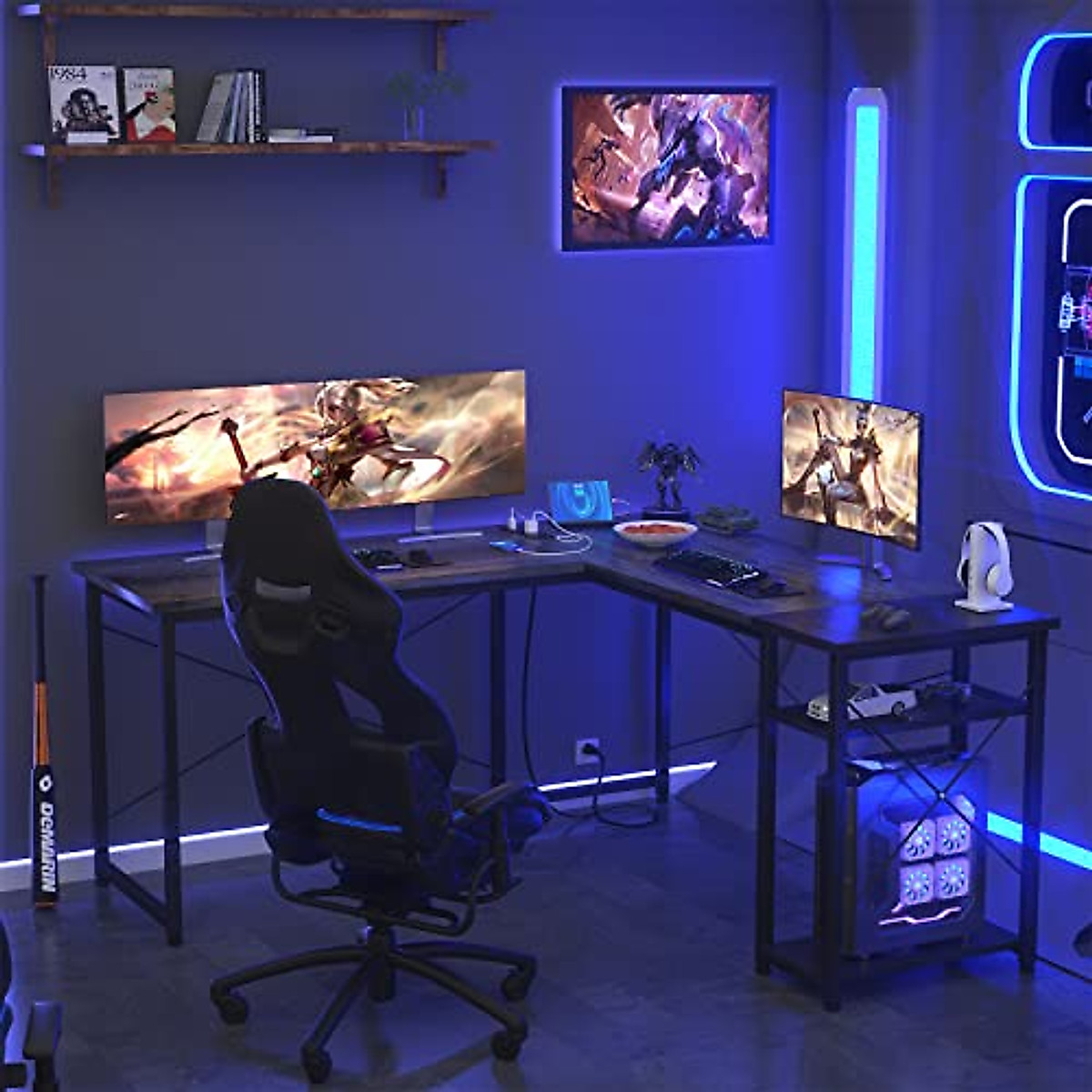 Ecoprsio L-Shaped Desk with Power Station and USB, Large L Shaped Gaming Desk with Storage Shelves Industrial Corner Desk Writing Study Table for Home Office Gaming Workstation, Oak and Black