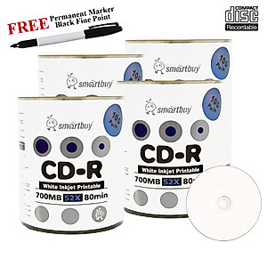 Smartbuy 400-disc 700mb/80min 52x CD-R White Inkjet Hub Printable Blank Media Disc + Black Permanent Marker