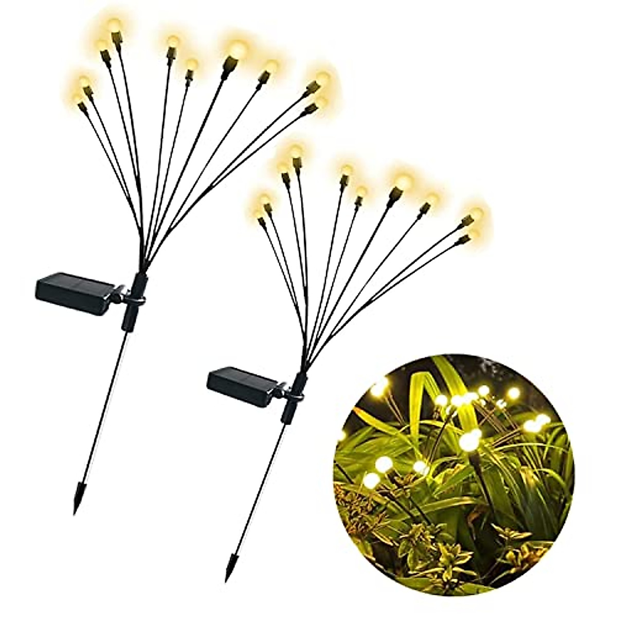 Beauty HAO 10 Head Solar Powered Firefly Lights 2 Pack, LED Waterproof Starburst Swaying Garden, When Wind Blows Decorative String Lights(Warm White)