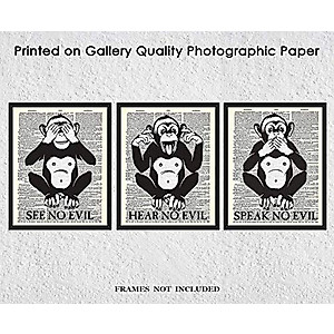 3 Wise Monkeys Dictionary Wall Art Prints: Unique Room Decor for Boys, Men, Girls & Women - Set of Three (8x10) Unframed Pictures - Great Gift Idea