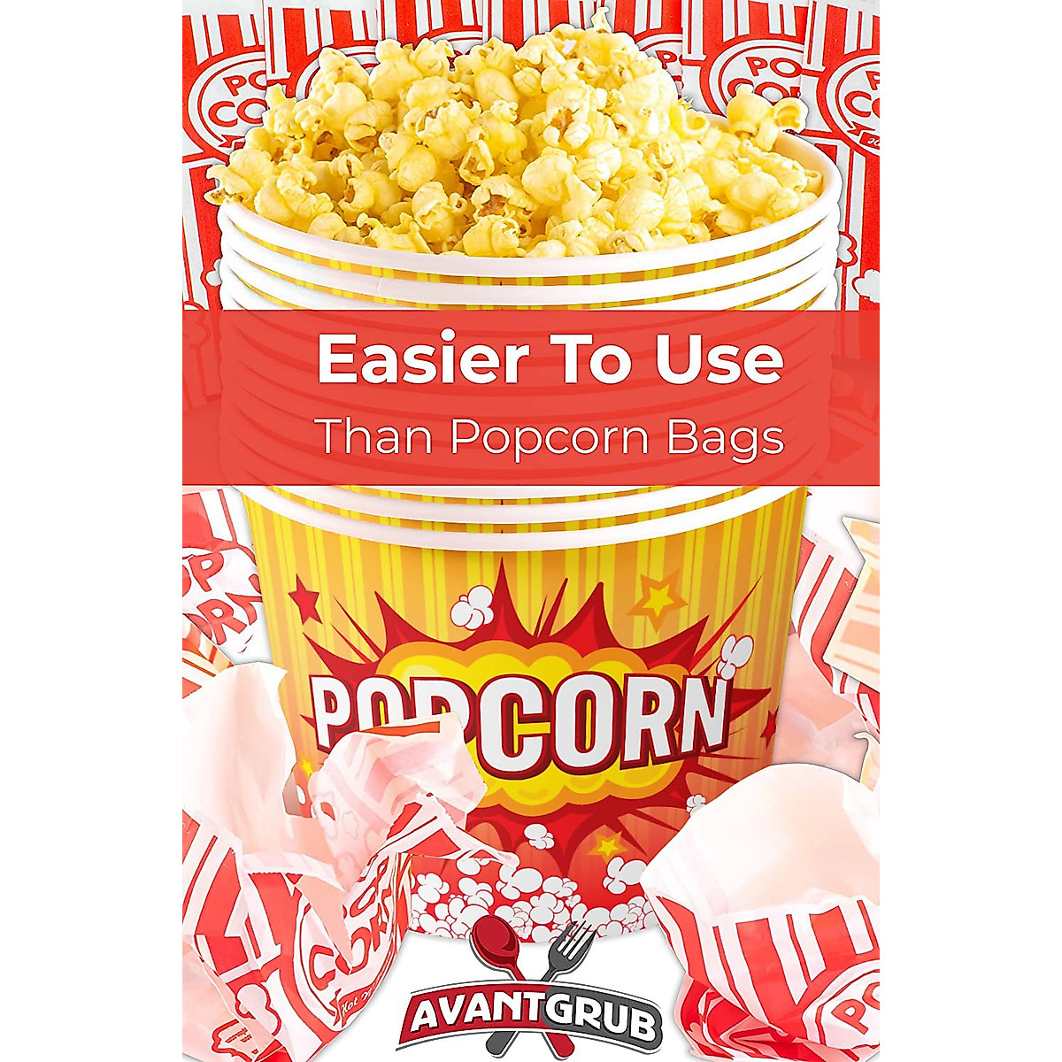 Greaseproof Retro 85oz Popcorn Buckets 25 Pk. Reusable and Durable Pop Corn Tubs in Red Yellow. Large Disposable Containers Perfect For Movie Night, Theme Party, Theater, Carnivals & Fundraisers.
