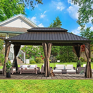 Domi 12x18FT Hardtop Gazebo with Netting & Curtains, Outdoor Aluminum Frame Gazebo with Galvanized Steel Double Roof, Outdoor Permanent Metal Pavilion for Patio Deck Lawn and Garden, Brown