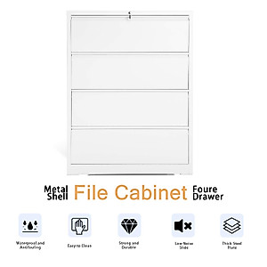Aobabo 4 Drawer Lateral Steel File Organizing Cabinet with Locking System and Adjustable Hanging Bars for Letter/Legal Size Paper, White