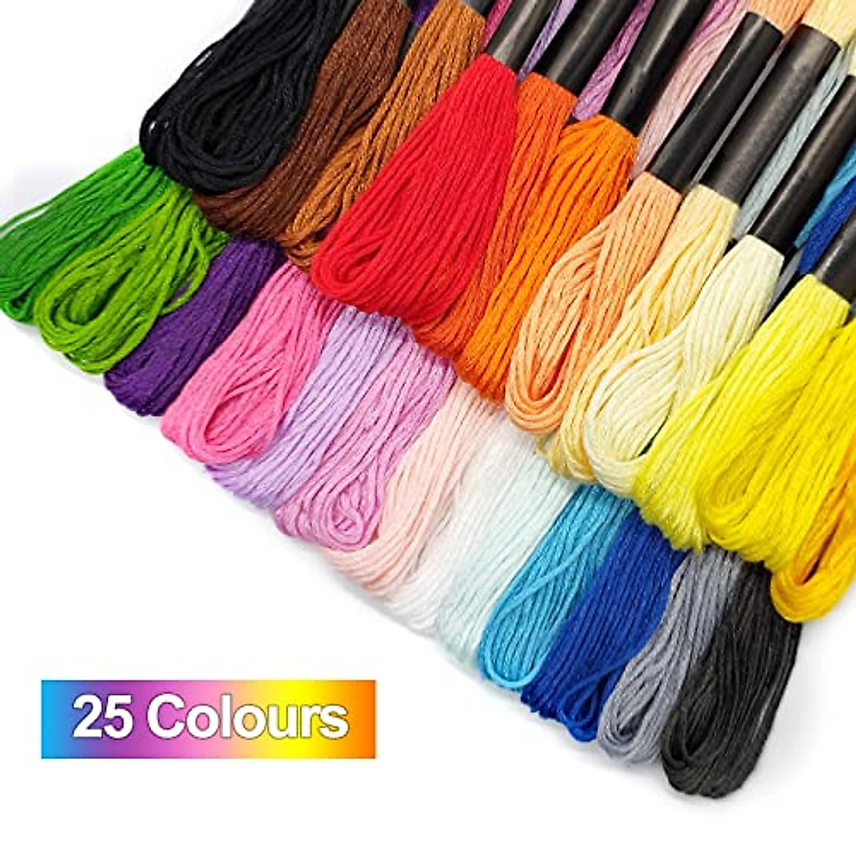 25 Skeins 6 Strands Vibrant Embroidery Floss with 5 Winder Cards Cross Stitch Threads Friendship Bracelet Thread Rainbow Embroidery Floss Skein for DIY Hair Wraps Crafts Sewing Projects