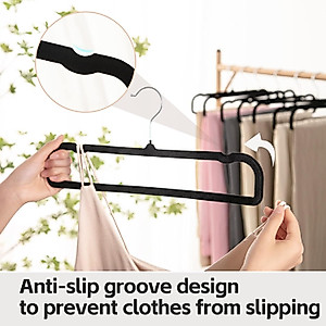 Velvet Pant Hangers, 20pcs Heavy Duty Flocked Trouser Hangers with Non-Slip Bar, 35cm(L) Adult Clothes Hanger with Swivel Hook, Slim Felt Jean Hangers for Shorts, Dress, Scraf, Bar (Black-Silver)