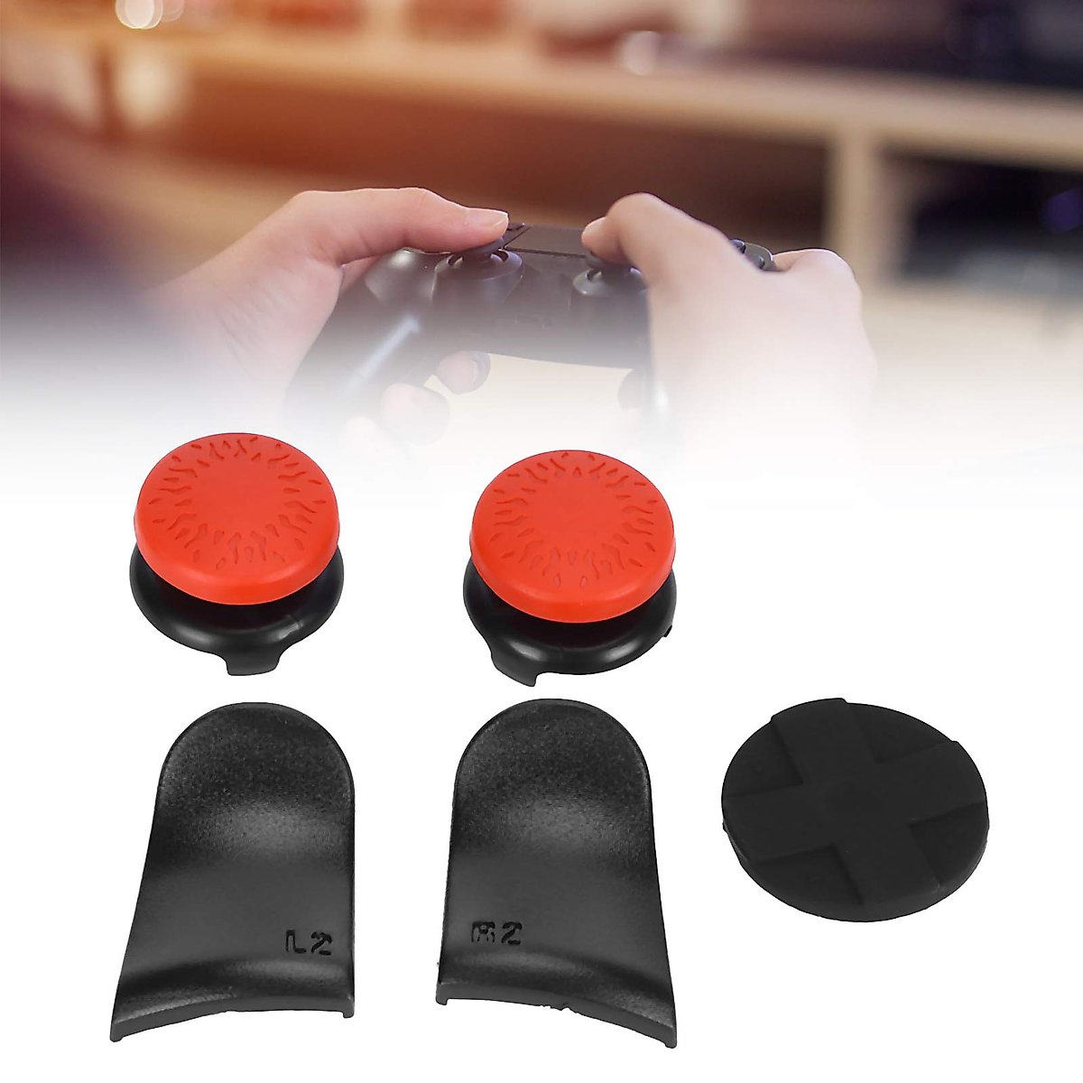 5 in 1 Controller Accessory for, Thumb Stick Grip Key Joystick Cover, L1/R2 Key Extender, Joystick Key, Cross Key (red)