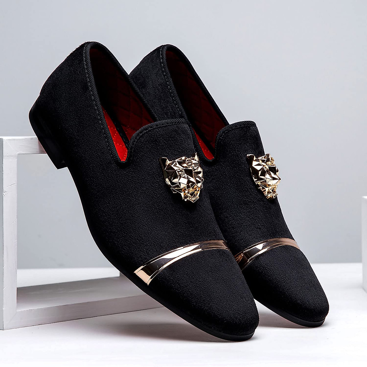 Jousen Men's Loafers Velvet Slip On Dress Men Shoes Soft Vintage Luxury Mens Wedding Party Prom Shoes for Men(AMY3020A Black 10.5)