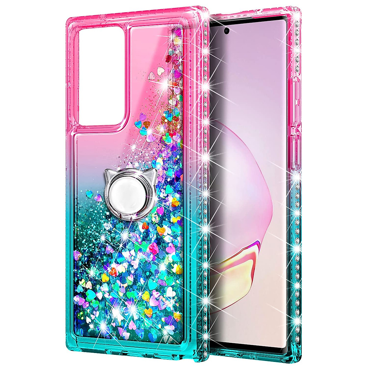 NGB Samsung Galaxy Note 20 Ultra Case with Screen Protector (Maximum Coverage, Flexible TPU Film), Ring Holder, Girls Women Liquid Bling Sparkle Fashion Glitter Clear Cute Case (Pink/Aqua)