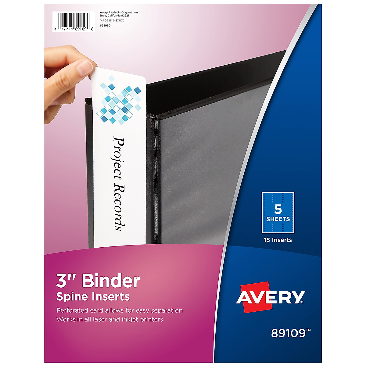 Avery Binder Spine Inserts, for 3 Inch Ring Binders with 3.5" Spine Width, 15 Cardstock View Binder Spine ID Inserts (89109)