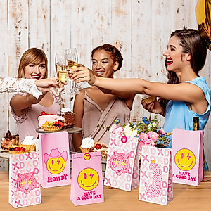 AellasNervalt 26Pcs Preppy Party Favor Bag with Stickers Y2k Hot Pink Smile Face Tiger Goodie Bags Paper Treat Bag Candy Gift Bags Supplies for Teen Girls Birthday Bachelorette Early 2000s Theme Party
