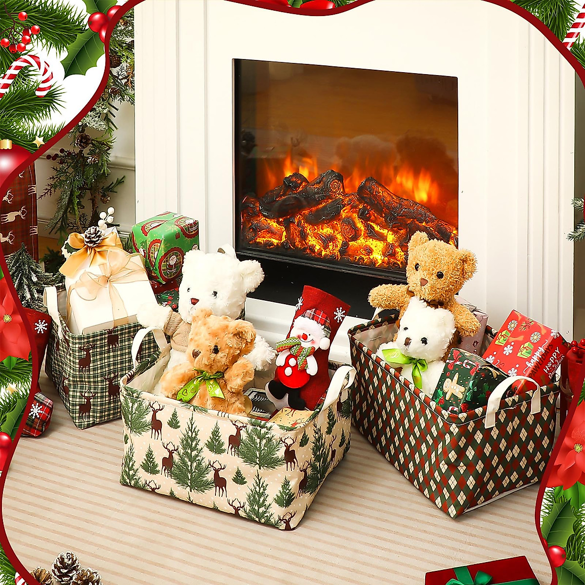 Boao 6 Pack Christmas Storage Bin Collapsible Large Christmas Storage Baskets for Gifts Canvas Laundry Basket Foldable Storage Box with Handle for Office Home Bedroom Clothes(Red, Green, Classic)