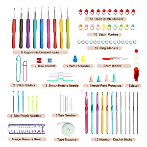 SHAXANO 86 Pcs Crochet Kit - 9 Ergonomic Soft Grip Crochet Hooks & 12 Aluminum Hooks for Beginners & Experienced Crafters, Includes 65 Crochet Accessories for Knitting & Crocheting