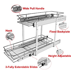 Sikarou Pull Out Cabinet Organizer 9" W x 21" D 2-Tier Individual Slide Out Drawer Pantry Shelf Storage for Kitchen Base Cabinet Organization ​for Kitchen, Bathroom, Pantry, Chrome