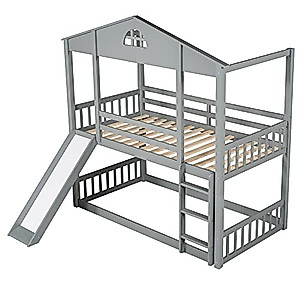 Harper & Bright Designs Twin Over Twin House Bunk Bed with Slide and Ladder, Wooden Floor Bunk Bed Frame with Roof, for Kids Girls Boys (Gray)