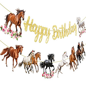 Horse Birthday Party Decorations Horse Happy Birthday Banner 2Pcs Horse Theme Birthday Decoration Horse Party Banner for Wild Horse Racing Party Supplies