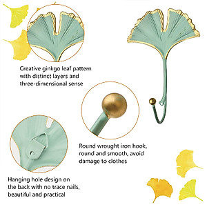 MOROBOR Decorative Leaves Iron Hooks, 4pcs Ginkgo Leaf Shape Wall Mounted Hooks Modern Key Holder Wall Mounted Green Single Prong Hat Hanger for Hallways Living Room Home Office Decoration/14cm