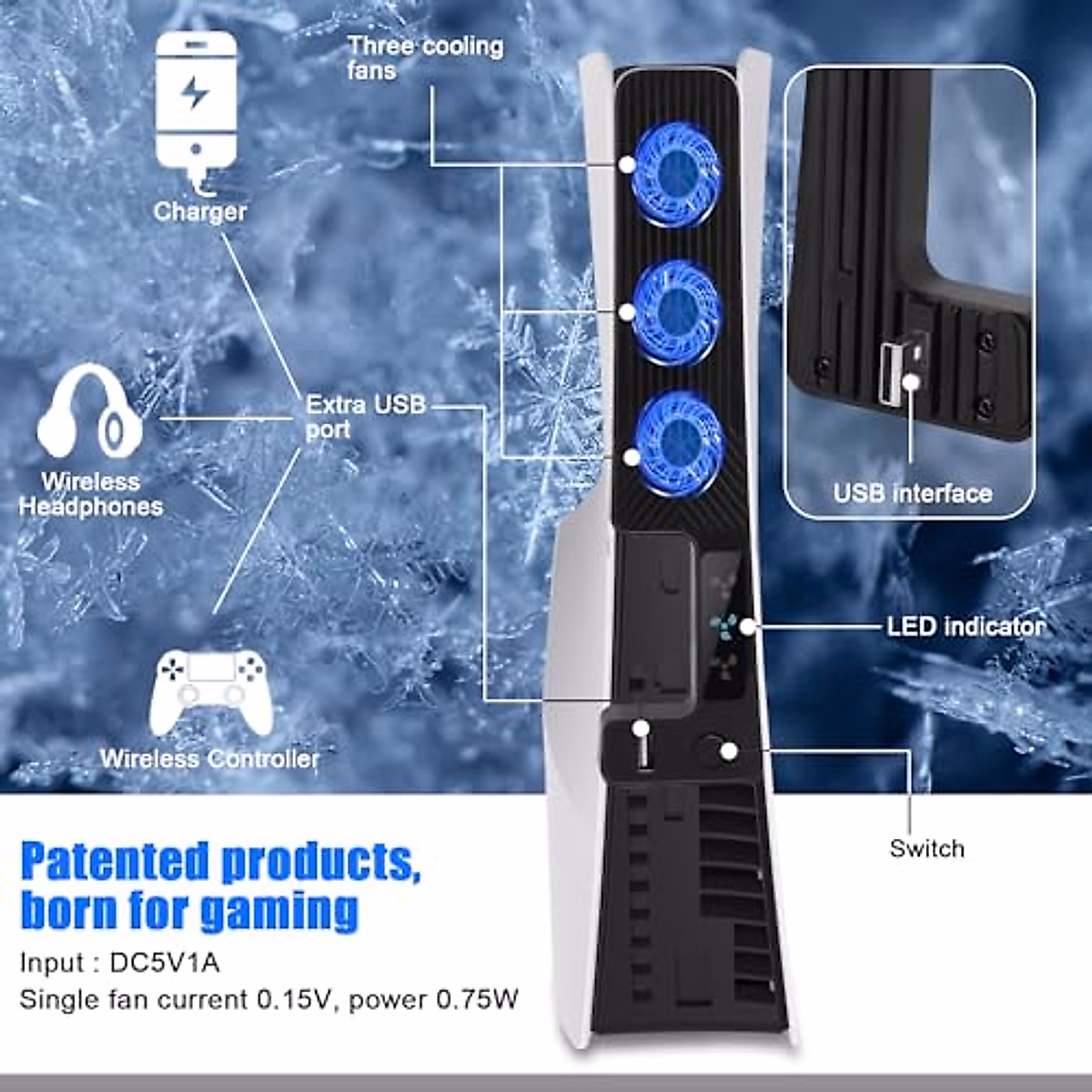 PS5 Slim Cooling Fan, SIKEMAY New PlayStation 5 Slim Console Accessories Cooler with USB Port and 3 Adjustable Quiet 9500-Speed Fans, Cool LED Light for PS5 Slim Digital/Disc Edition System (Black)