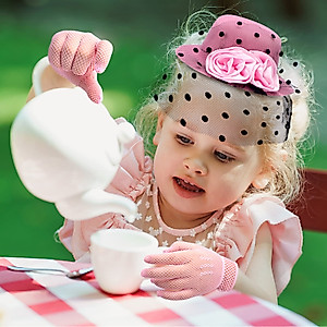 Chunyin Girls Tea Party Hats Mini Hat Hair Clip Fascinator Veil Mesh Hat and Gloves Sets Tea Party Accessories for Girls Kids Children 5.3'' Diam