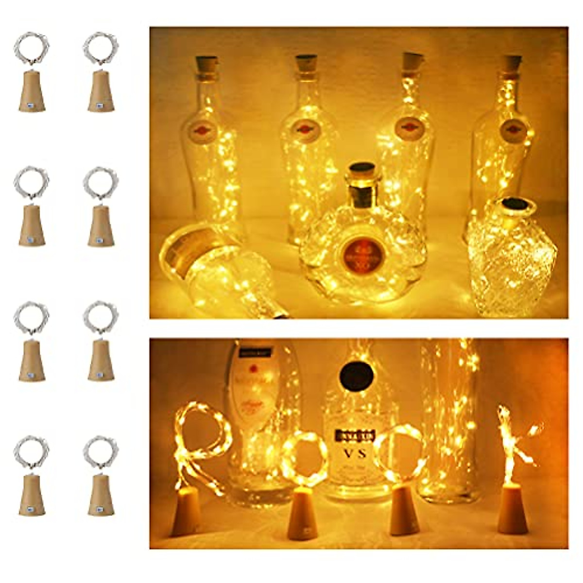 Rockabyee 8 Pack Solar Bottle Lights, 20 Led Cork String Lights, Outdoor Waterproof Fairy Lights for Party Wedding Festival Garden Patio Lawn Warm White