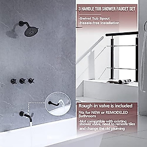 NIITAWH Matte Black 3 Handle Shower Faucet Set with Rotatable Tub Spout, Tub and Shower Trim Kit with Valve