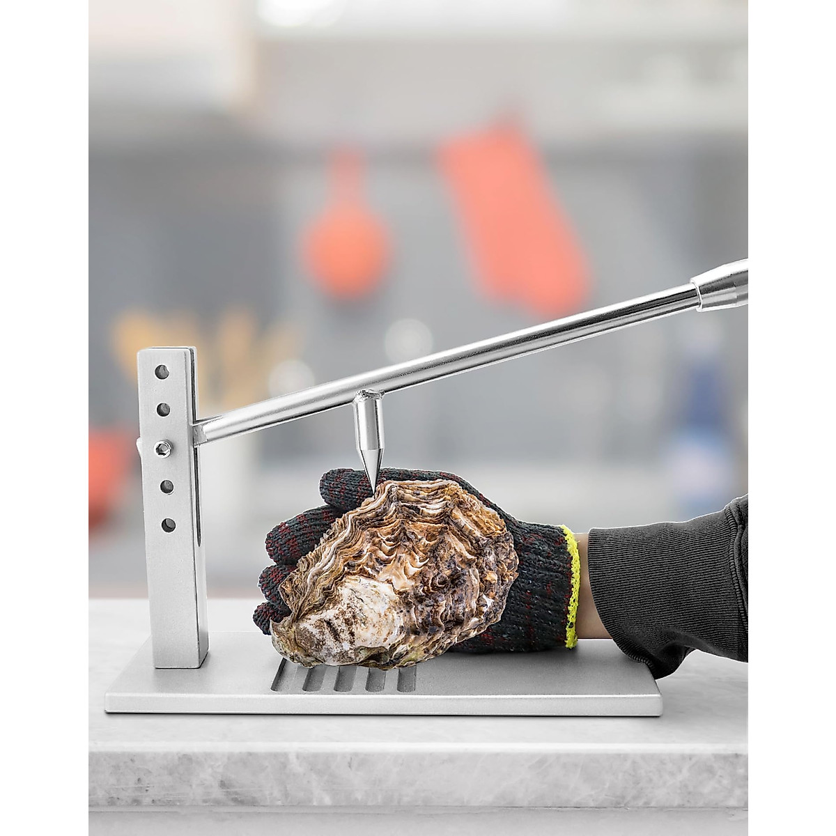 QWORK Oyster Shucker Machine Set - Oyster Shucker Tool, Adjustable Stainless Steel Oyster Opener Tool with Aluminum Alloy Base, Suction Cups, G-Clip, Knives, and Cut-Resistant Gloves
