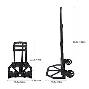 Varbucamp Folding Hand Truck with Telescoping Handle, 165lbs Capacity Aluminum Portable Luggage Trolley Cart, Hand Cart and Dolly with Black Bungee Cord and Rubber Wheels, Black