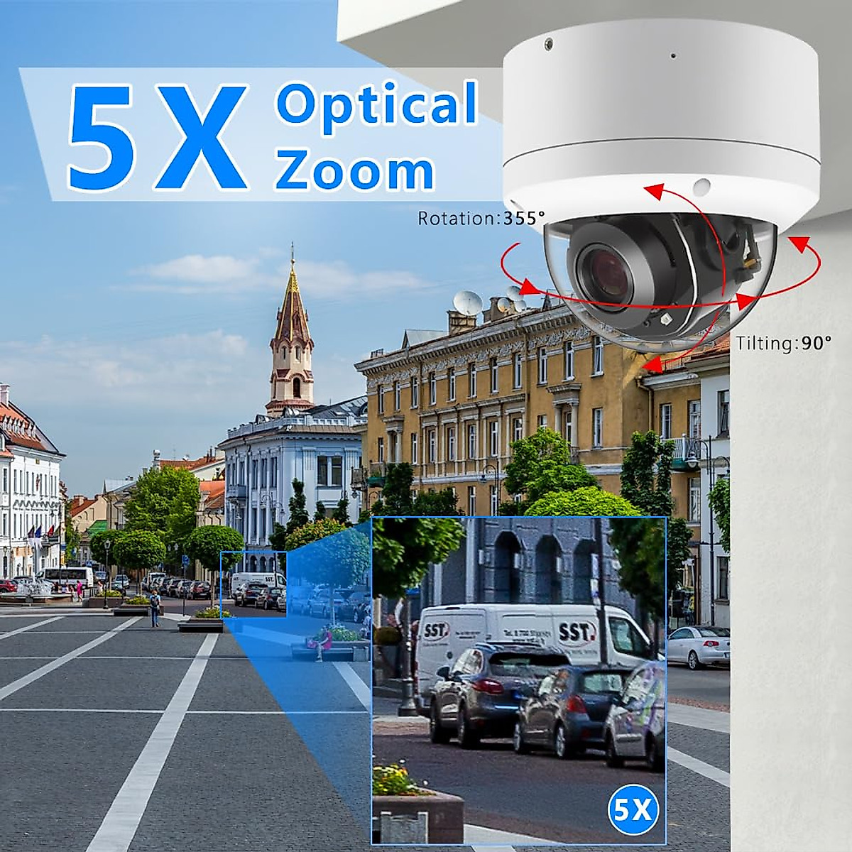 Inwerang Security 5.0MP H.265 POE IP PTZ Camera, 5X 2.7-13.5mm AF Lens, IP66 Waterproof Outdoor/Indoor Vandalproof Network Dome Camera, Audio in, 98ft Night Vision