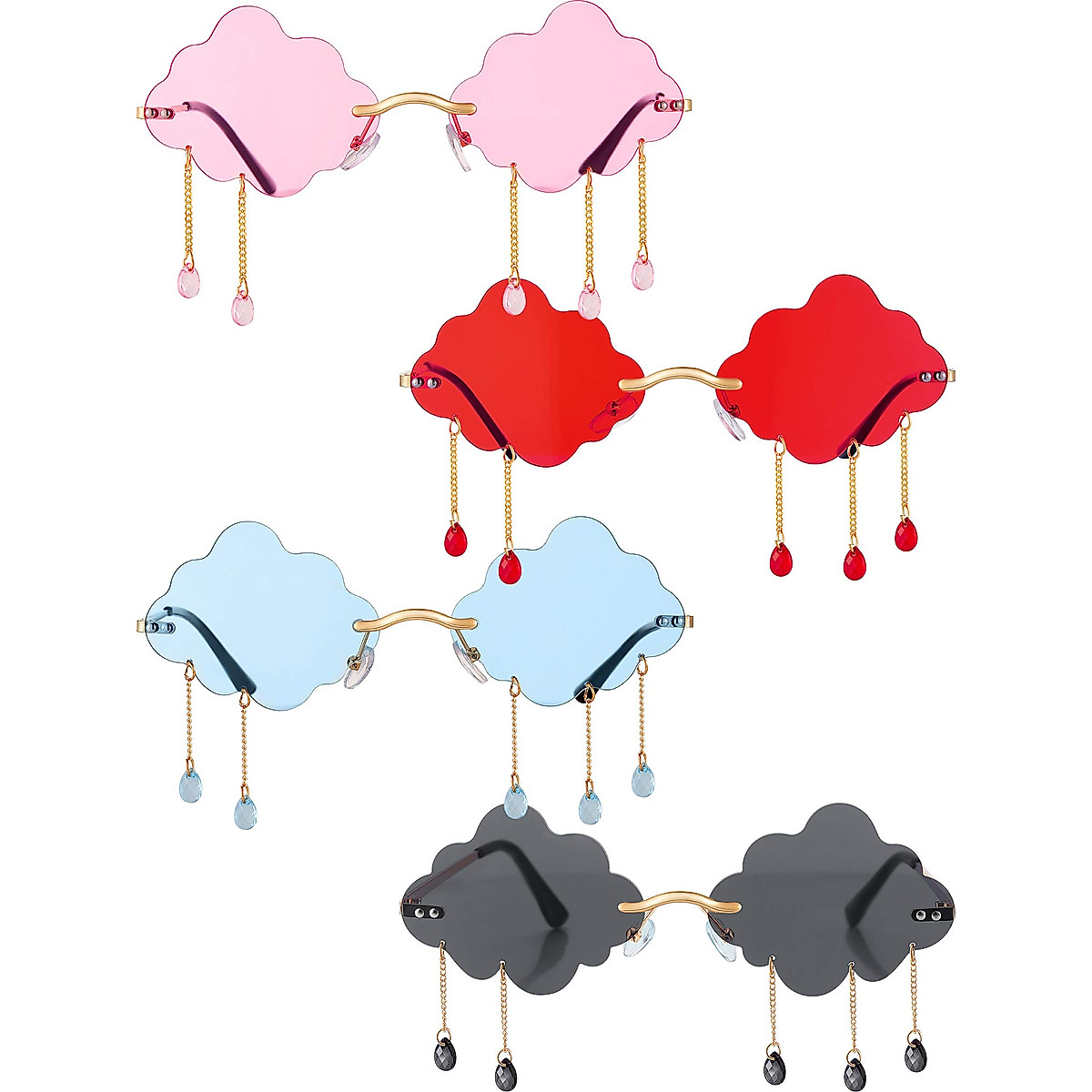 Weewooday 4 Pairs Cloud Sunglasses Raindrop Colorful Rimless Cute Sunglasses Funny Heart Flame Shaped Disco Glasses for Women Men