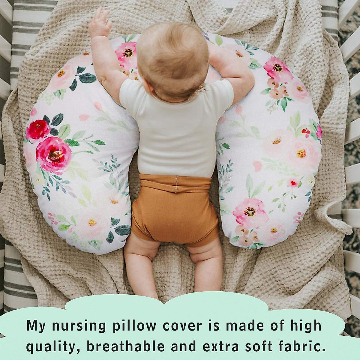 Floral Nursing Pillow Cover & Carseat Cover Set, Breastfeeding Pillow Slipcover & Car Seat Canopies for Baby Boys & Girls, Nursing Pillow Case & Stroller Covers for Newborn, Soft Fabric Fits Snug On I