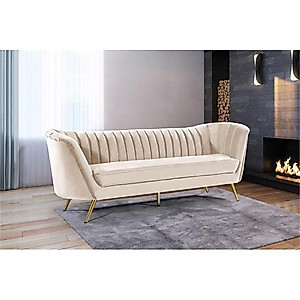 Meridian Furniture Margo Collection Modern | Contemporary Velvet Upholstered Sofa with Deep Channel Tufting and Rich Gold Stainless Steel Legs, Cream, 88" W x 30" D x 33" H