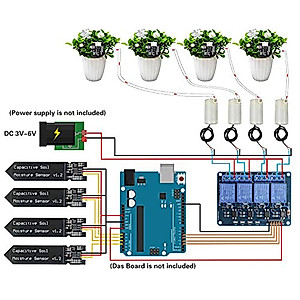 WayinTop Automatic Irrigation DIY Kit Self Watering System with PDF Tutorial, 4pcs Capacitive Soil Moisture Sensor 4Channel 5V Relay Module and 4pcs Water Pump + 4M Vinyl Tubing for Garden Plant