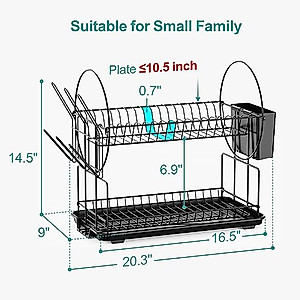 iSPECLE Dish Drying Rack - 2 Tier Small Dish Racks for Kitchen Counter with Glass Holder, Utensil Holder and Drainboard, Small Dish Dryer Rack, Multifunctional Dish Drainer, Black
