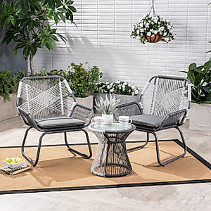 Christopher Knight Home Aiden Outdoor 3 Piece Faux Rattan Chair Set, Gray and White