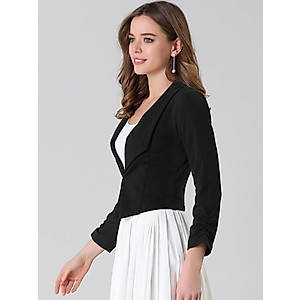 Allegra K Women's Notched Lapel Ruched Sleeve Jackets Business Cropped Blazer Small Black