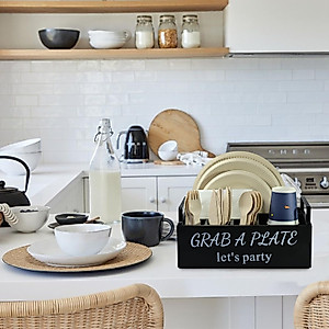 Paper Plate Holder, Utensil Caddy Organizer, Wood Paper Plate Dispenser, Silverware Caddy Holder, and Disposable Coffee Bar Accessories Box for Kitchen Counter, Party, Camping, Picnic (6 compartment)