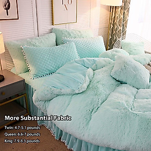 LIFEREVO Luxury Plush Shaggy Duvet Cover Set, Soft Velvet Fluffy Furry Duvet Cover Set(1 Faux Fur Fuzzy Comforter Cover + 2 Pom Poms Pillow Cases) Solid Bedding Set, Zipper Closure(Full/Queen, Mint)