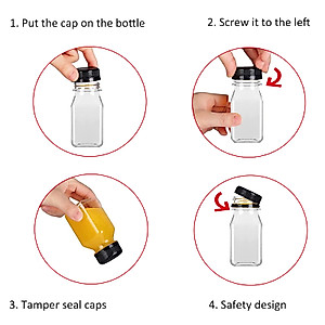 BPFY 48 Pack 4 oz Mini Plastic Juice Bottles with Caps Empty Clear Beverage Containers with Black Tamper Evident Lids, Brush, Funnel, Juicing Bottles for Milk, Smoothie and Other Beverages