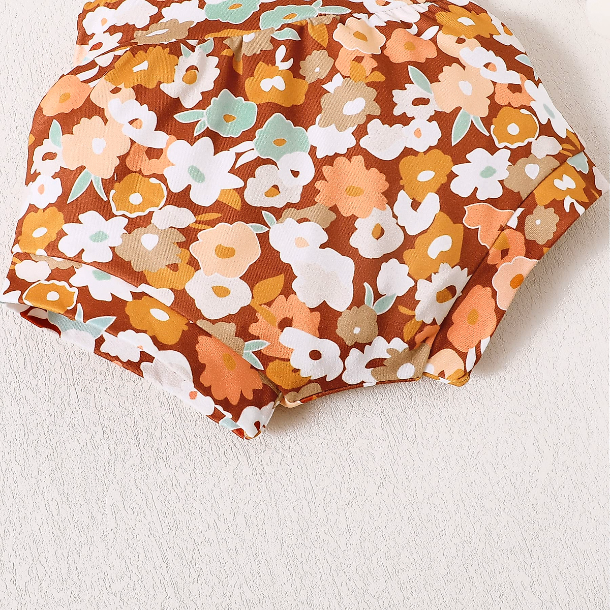 GRNSHTS Infants Baby Girls Summer Shorts Set Knit Sleeveless Romper Bodysuit+Floral Bloomers+Headband Clothes Outfit (Brown, 3-6Months)