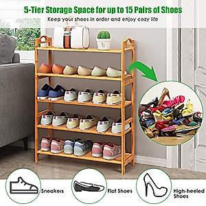 Giantex Bamboo Shoe Rack 5 Tier, Freestanding Shoe Rack with Two Rounded Handle for 15 Pairs, Entryway Standing Shoe Storage Organizer for Kitchen, Living Room, Entryway (5-Tier)