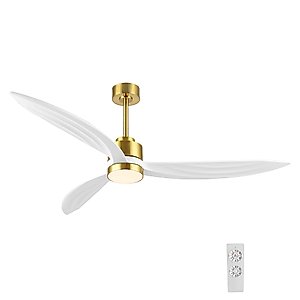 ELEHINSER 64" Wood Ceiling Fan with Lights and Remote Control, 3 Blades 6-Speed Dimmable Light Reversible DC Motor Ceiling fan for Kitchen Bedroom Dining Living Room, White Wood Blades with Gold