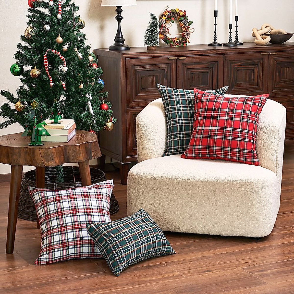 CARRIE HOME Red Tartan Plaid Christmas Lumbar Pillow Covers 12x20 Set of 2 Red Scottish Christmas Lumbar Throw Pillows Traditional Christmas Decor for Living Room Couch Sofa